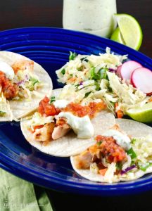 Healthy Fish Tacos | Wild Caught Cod Fish with Slaw & Avocado Cream